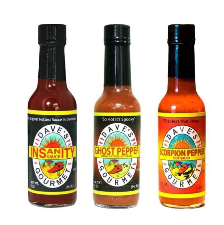 Super Spicy Hot Sauce 5oz 3-Pk (Insanity, Ghost + Scorpion) – DavesGourmet